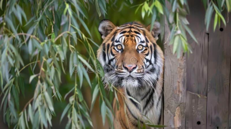 A Tiger Peeking Out from Behind a Tree Branch in the Forest, AI Stock ...