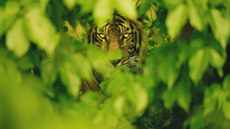 A Tiger Peeking Out from Behind a Tree in the Woods, AI Stock Image ...