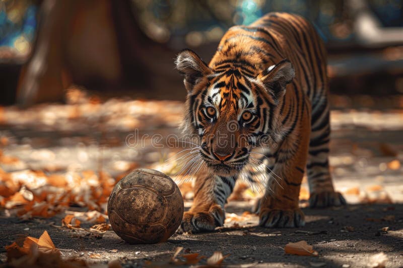 A Tiger Plays with a Ball on the Grassy Ground Stock Image - Image of ...