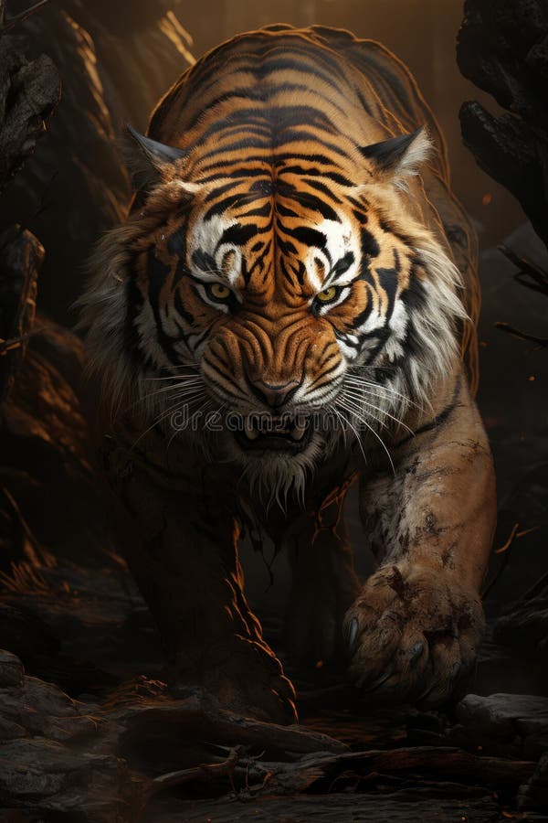Tiger Portrait with Leaves in Jungle. Created with Generative AI Stock ...