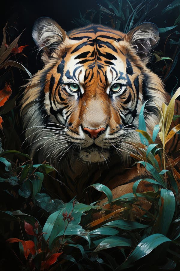 Tiger Portrait with Leaves in Jungle. Created with Generative AI Stock ...