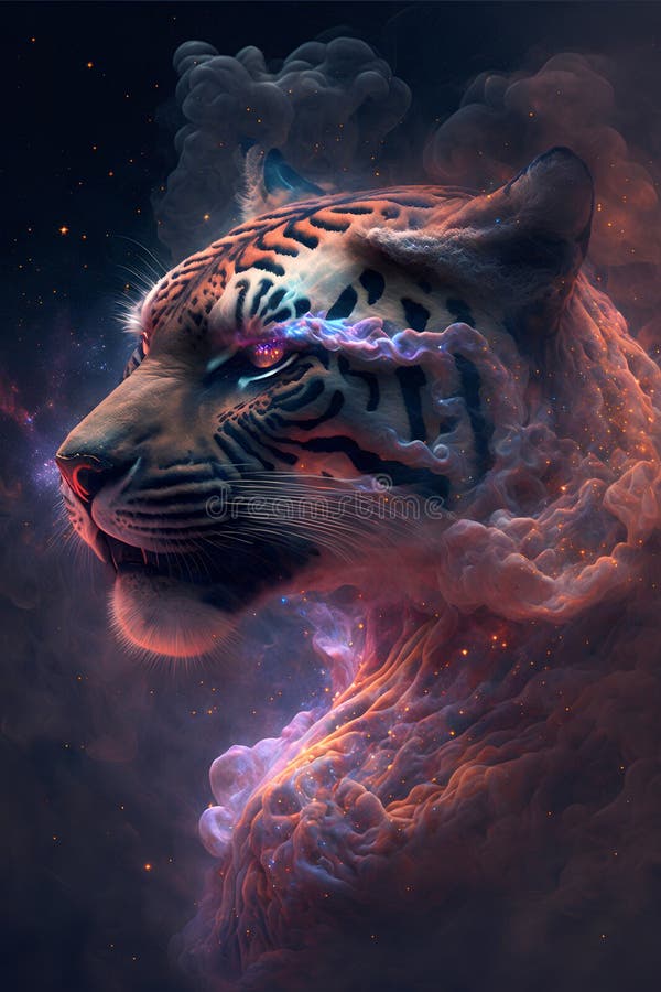 Tiger Portrait in Space with Stars and Nebula, 3D Illustration Stock ...