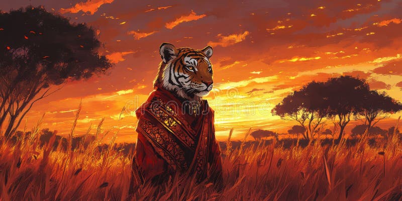 Tiger Portrait during Vibrant Sunset in Grassland Surrounded by ...