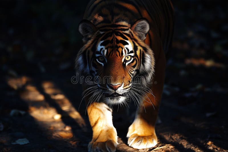 Tiger Prowling in Dimly Lit Forest Stock Illustration - Illustration of ...