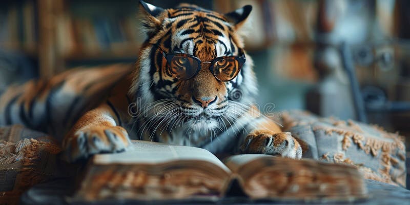 Tiger Reading a Book in a Library Stock Illustration - Illustration of ...