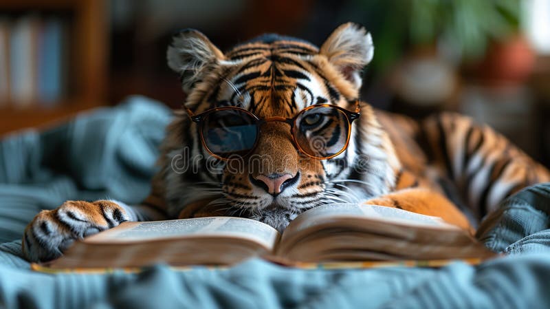 Tiger Reading a Book stock illustration. Illustration of paws - 327353784