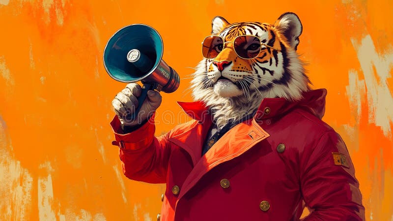 A Tiger in a Red Jacket Holding a Megaphone Stock Photo - Image of ...