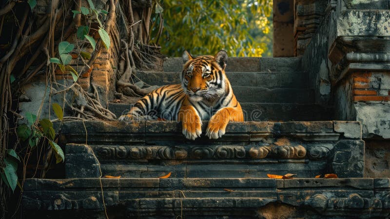 Tiger Relaxing on Stairs with a Tree Behind it, in the Style of ...