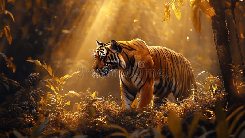 Tiger Released Back into the Wild with Dense Jungle and Golden Sunlight ...