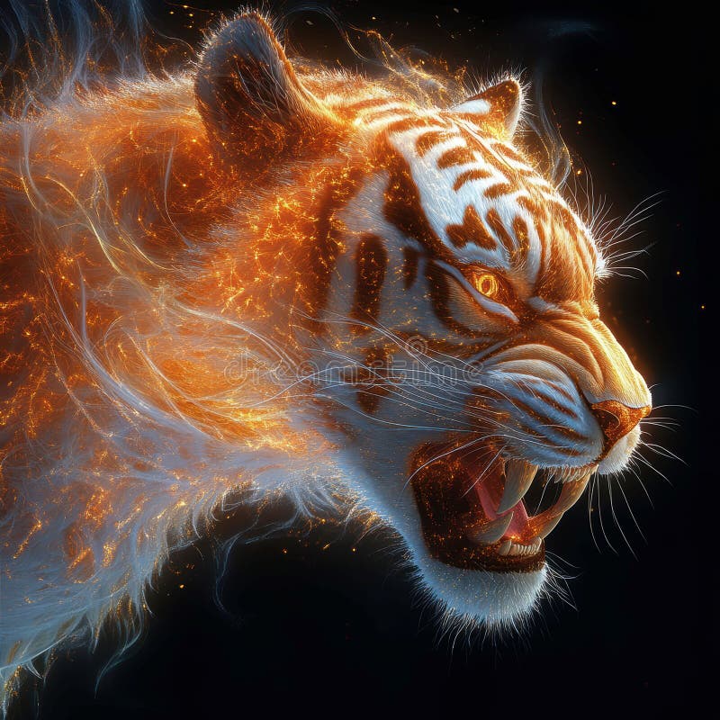 A Tiger, Rendered in Blue and Orange, Faces Left with a Tilted Head ...