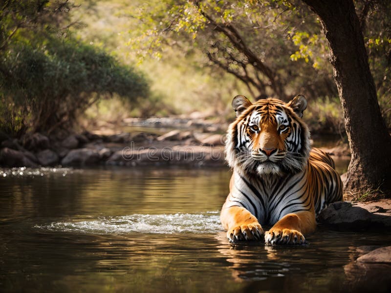 A Tiger Resting in the Forest Near Water Stock Illustration ...