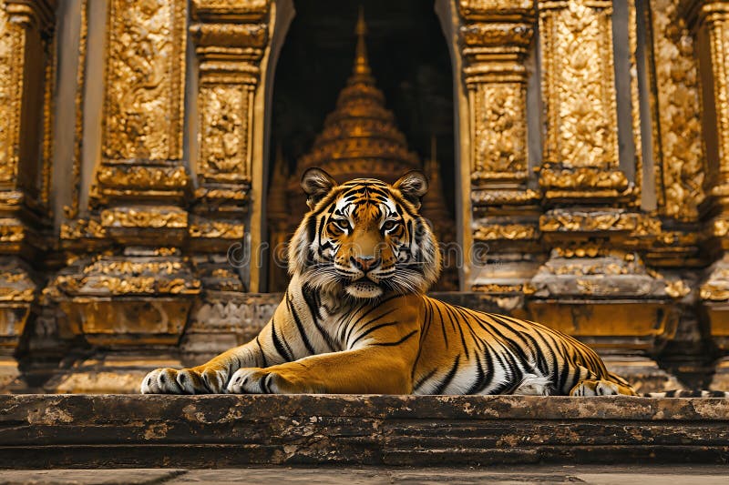 Tiger Resting in Front of Ornate Temple Entrance Stock Illustration ...