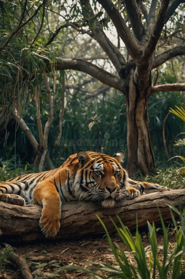 Majestic Sumatran Tiger Resting on Log in Lush Jungle Habitat Stock ...