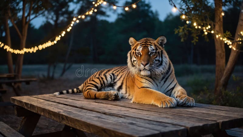 Majestic Tiger Relaxing on Wooden Picnic Table at Dusk with Fairy ...