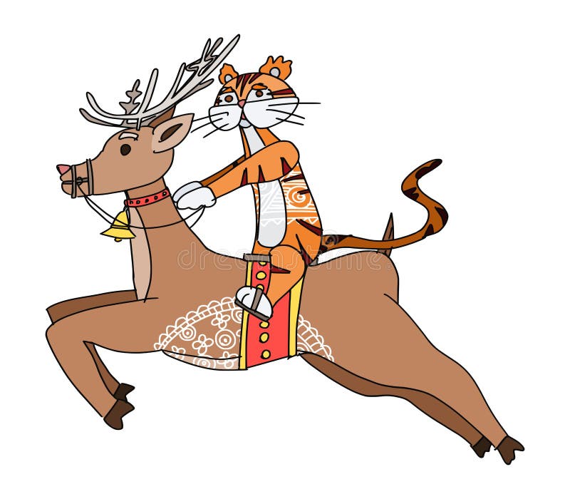 Tiger Riding a Deer New Year Characters. Doodle Stock Vector ...