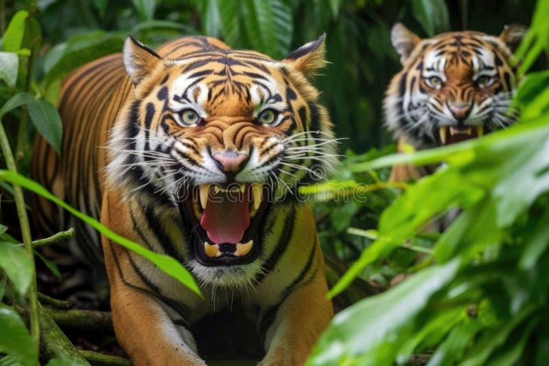 Tiger Roaring at Another in the Jungle Stock Photo - Image of scene ...