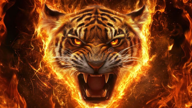 Tiger Roaring Burning with Flames, Showing Power and Aggression Stock ...