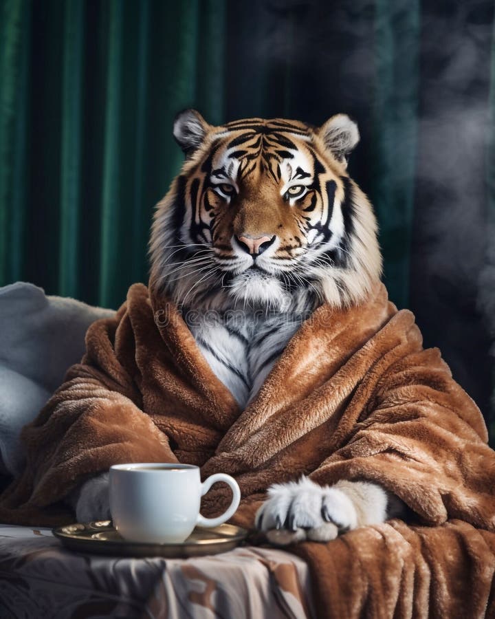 Tiger in a Robe Sits with a Cup of Coffee Stock Photo - Image of ...