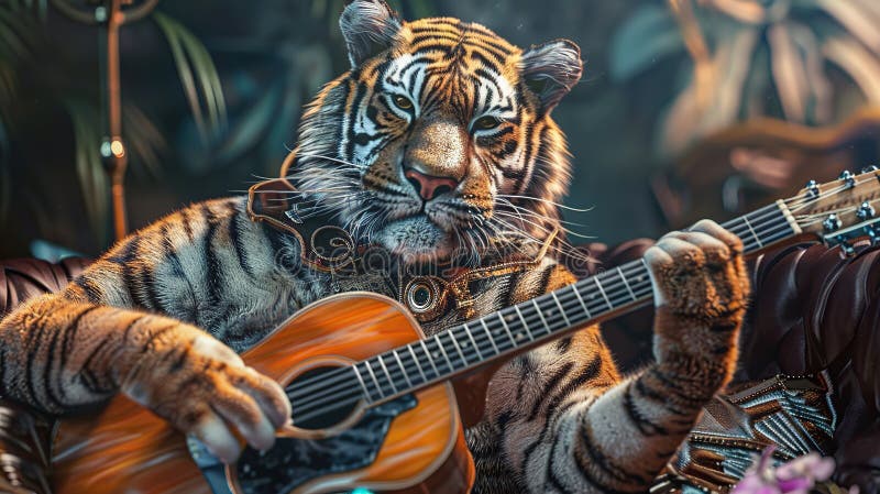 Tiger Rockstar Smiling Holding Guitar. Generative Ai Stock Illustration ...