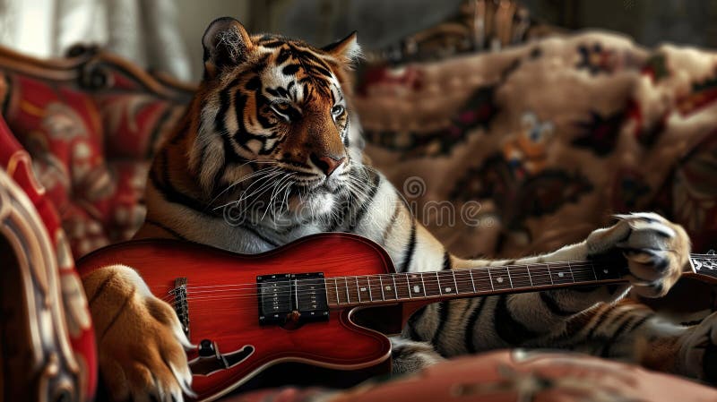Tiger Rockstar Smiling Playing Guitar. Generative Ai Stock Illustration ...