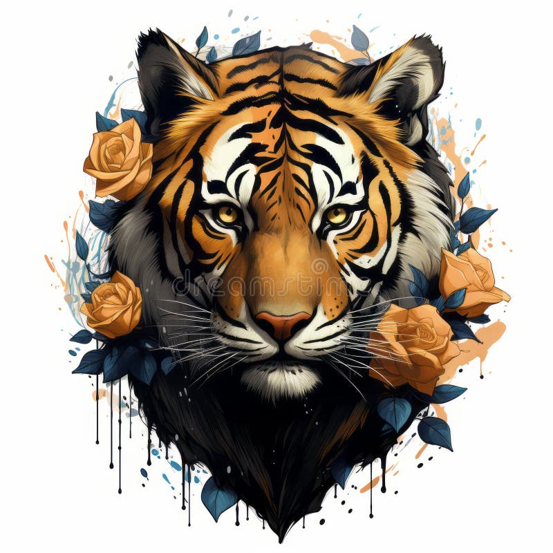 A Tiger with Roses on Its Head Stock Illustration - Illustration of ...