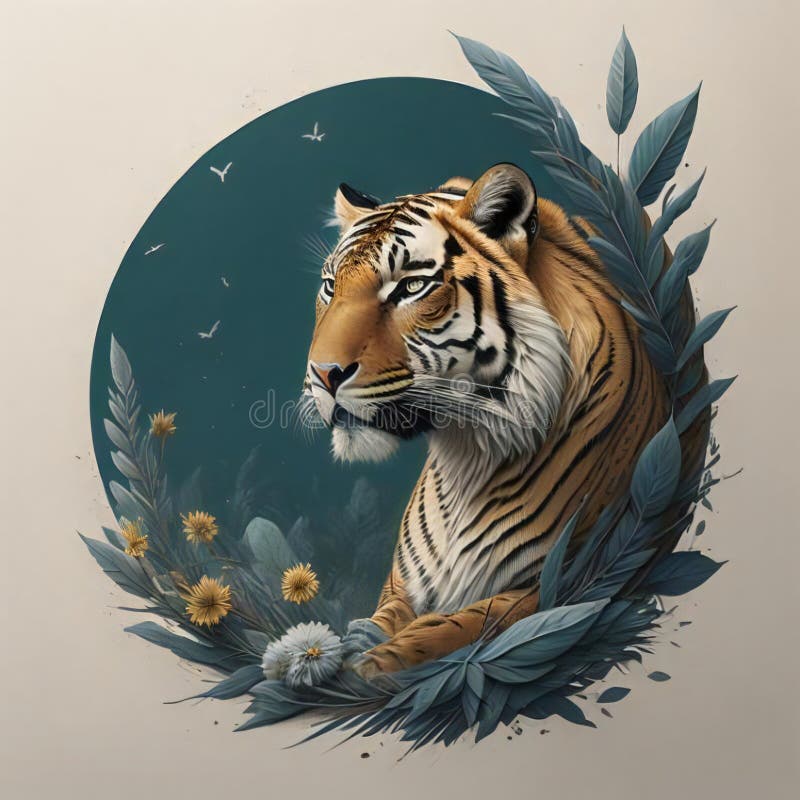 Tiger in a Round Frame with Flowers and Leaves. Generative Ai Stock ...