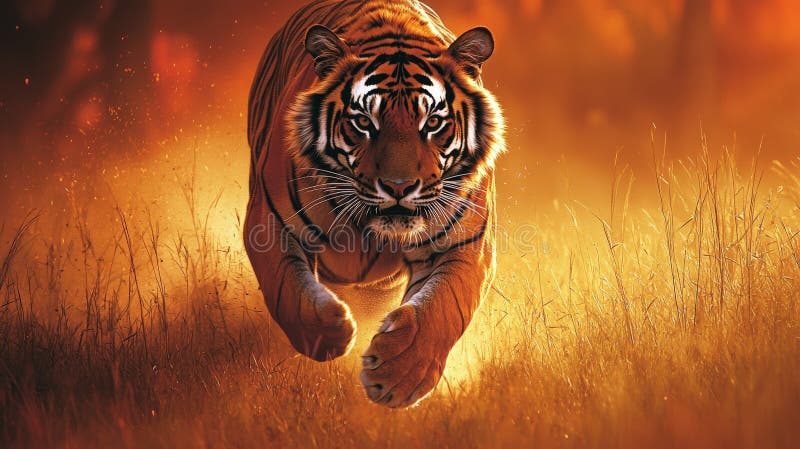 Tiger Running through Golden Grassland Stock Image - Image of speed ...