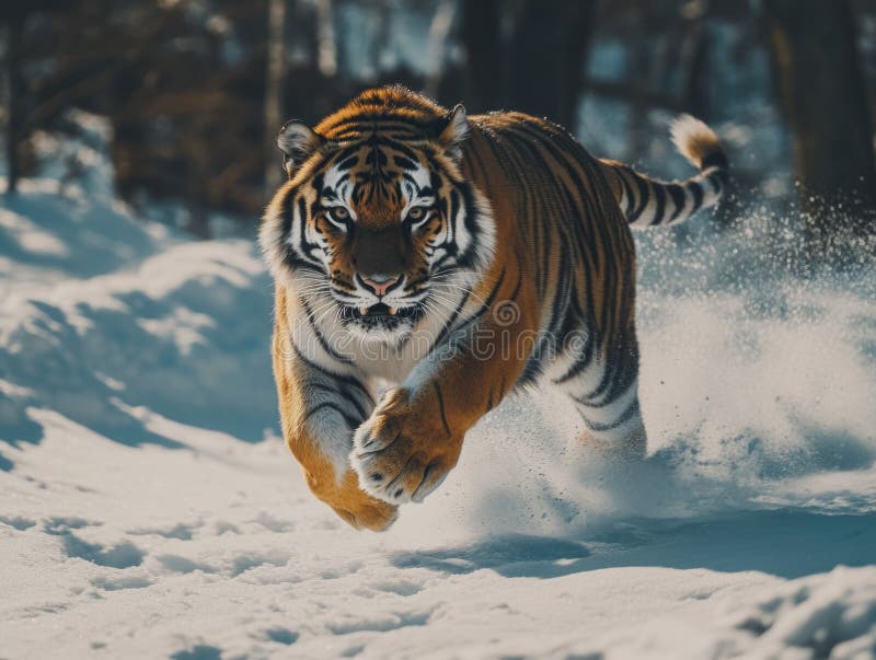 Tiger Running in Snowy Woods Stock Image - Image of outdoors, animal ...