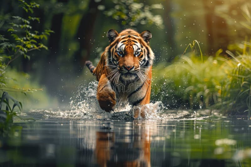 Tiger is Running through a Stream of Water. Stock Image - Image of ...