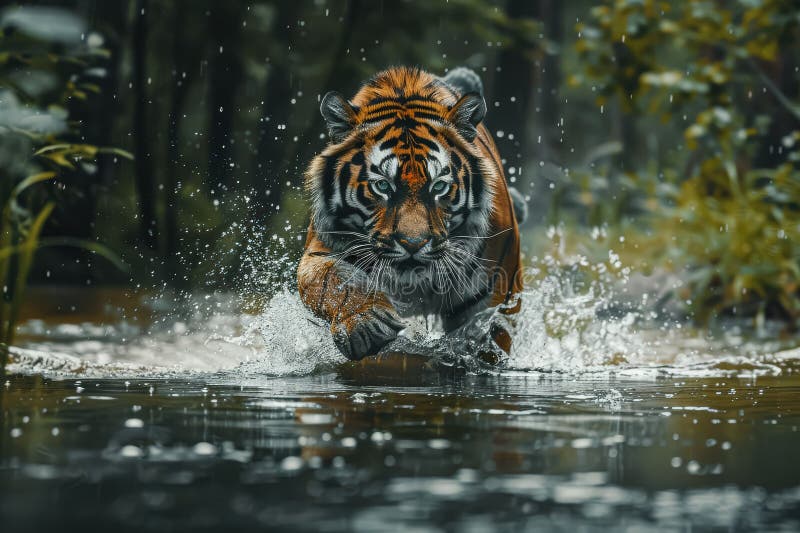 Tiger is Running through a Stream of Water Stock Image - Image of ...