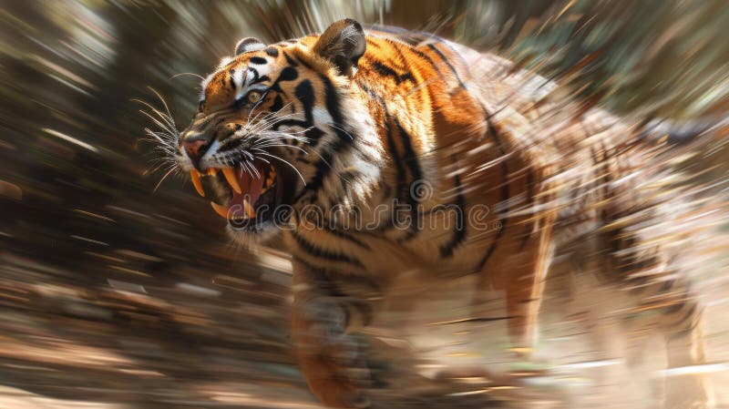 A Tiger is Running through the Woods with Its Mouth Open, AI Stock ...