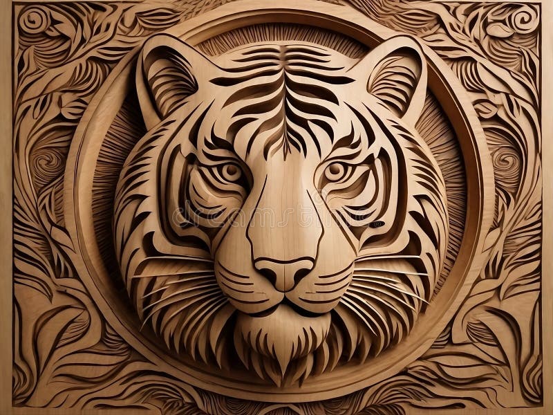 A Tiger S Head, Carved from Wood, Framed by a Circular Frame and ...