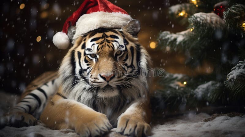 A Tiger in a Santa Claus Hat. Year of the Tiger Concept Stock Photo ...