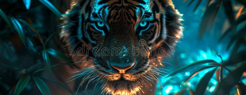 Tiger with Sapphire-blue Eyes, Prowling in a Jungle Illuminated by the ...