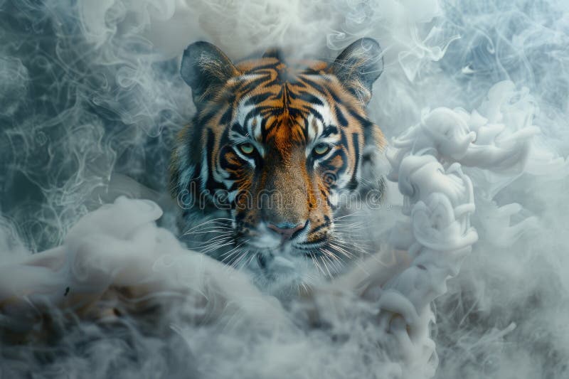 A Tiger is Seen Emerging from Clouds of Smoke, with No Background or ...