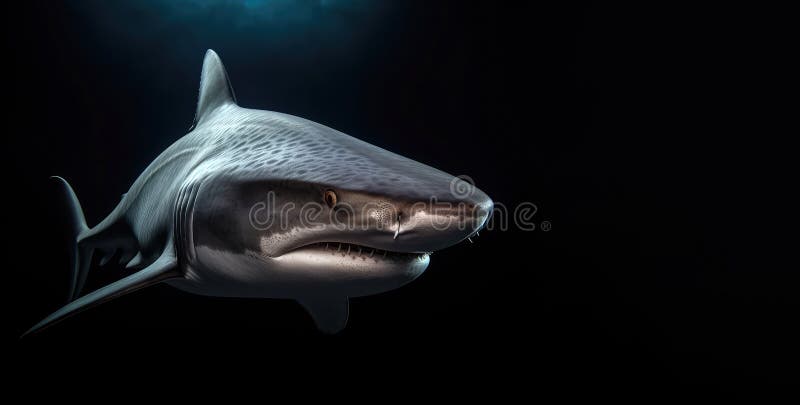 A Tiger Shark Swimming in the Dark Sea Stock Illustration ...