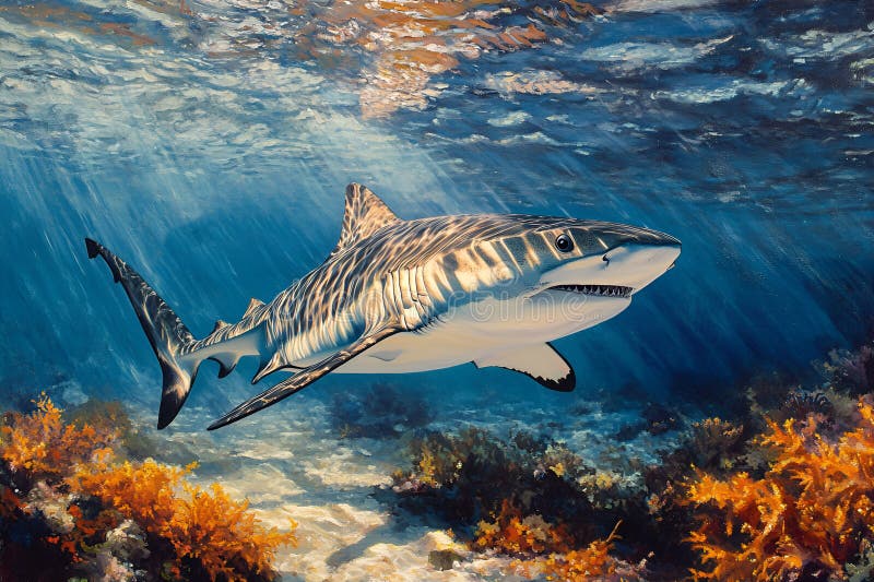 Tiger Shark Swimming Near Coral Reef with Sunlight Patterns Stock Photo ...