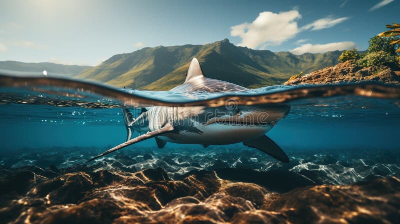 Tiger Shark Swimming in Shallow Water during a Shark Dive Stock Image ...