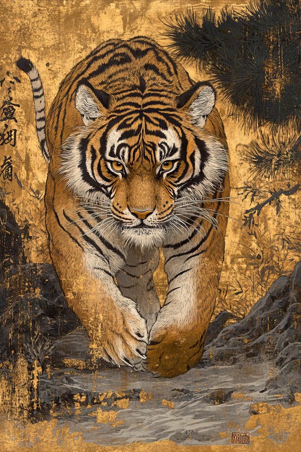 A Tiger with Sharp Eyes Stares Directly at the Camera, a Bold and ...