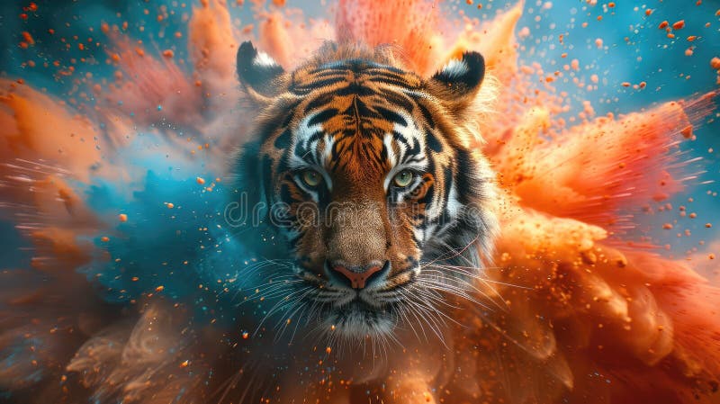 A Tiger is Shown in a Bright Orange and Blue Explosion of Color Stock ...