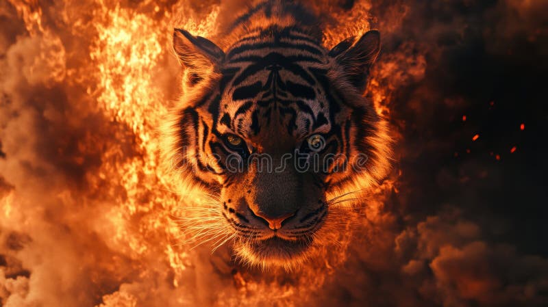 A Tiger is Shown in a Fire - Filled Photo Stock Illustration ...
