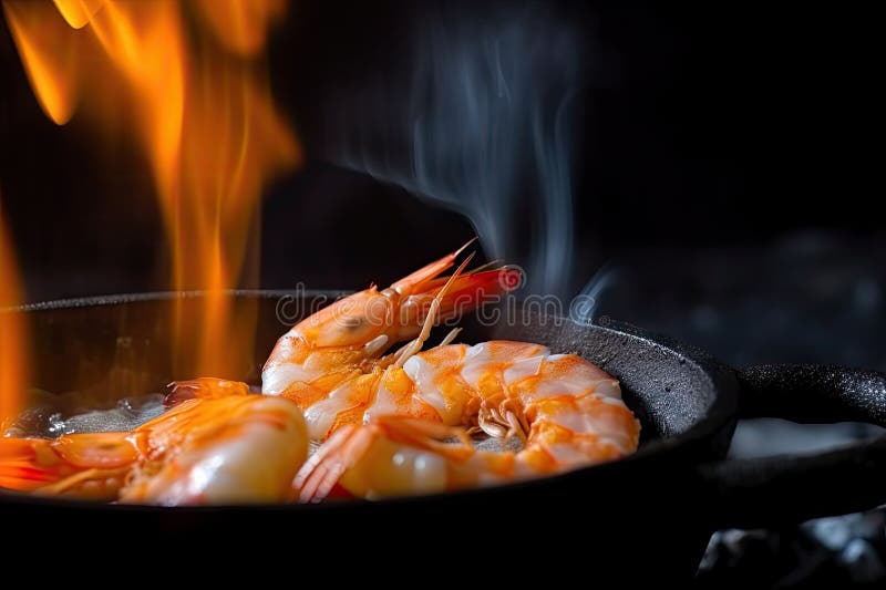 Tiger Shrimp Prawn Sizzling in a Pan, with Its Shell on Fire Stock ...