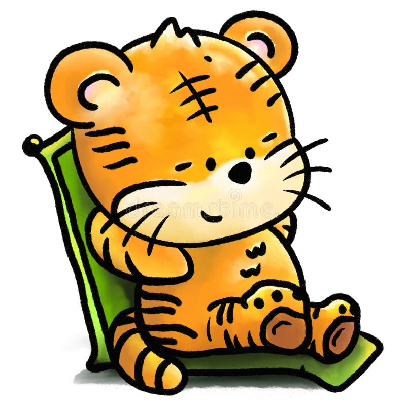 Cartoon Tiger Sitting on Lounge Chair, Isolated Cute Animal Doodle ...