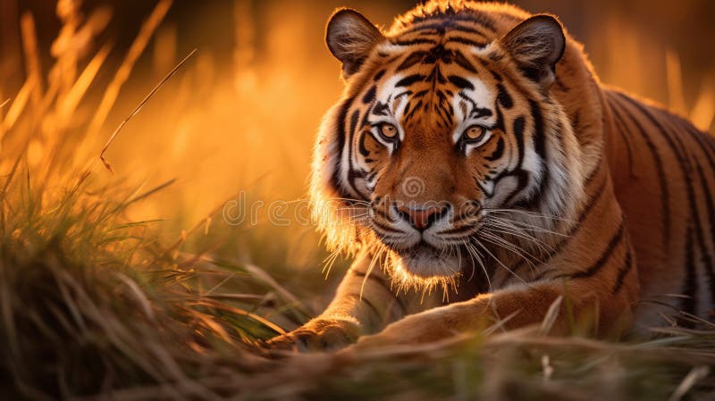 A Tiger is Sitting in the Grass at Sunset, AI Stock Illustration ...