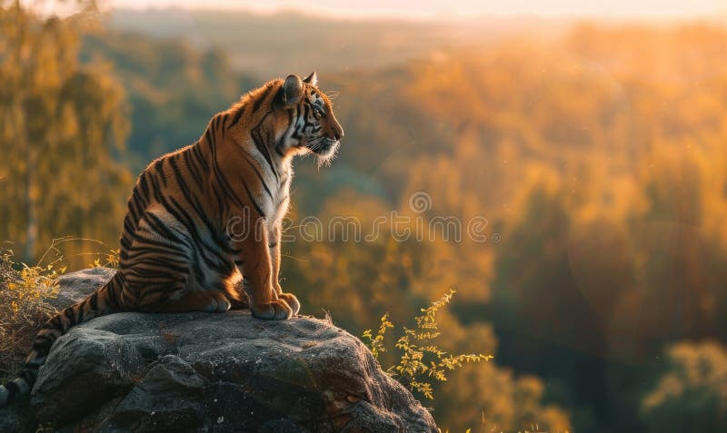 Tiger Sitting on a Rock Overlooking the Forest Stock Photo - Image of ...