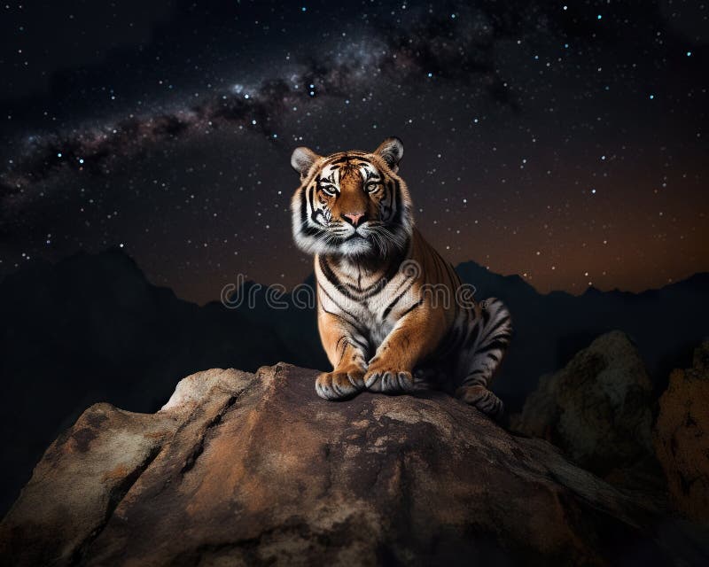 A Tiger Sitting on Top of a Rock Under a Night Sky. AI Generative Image ...