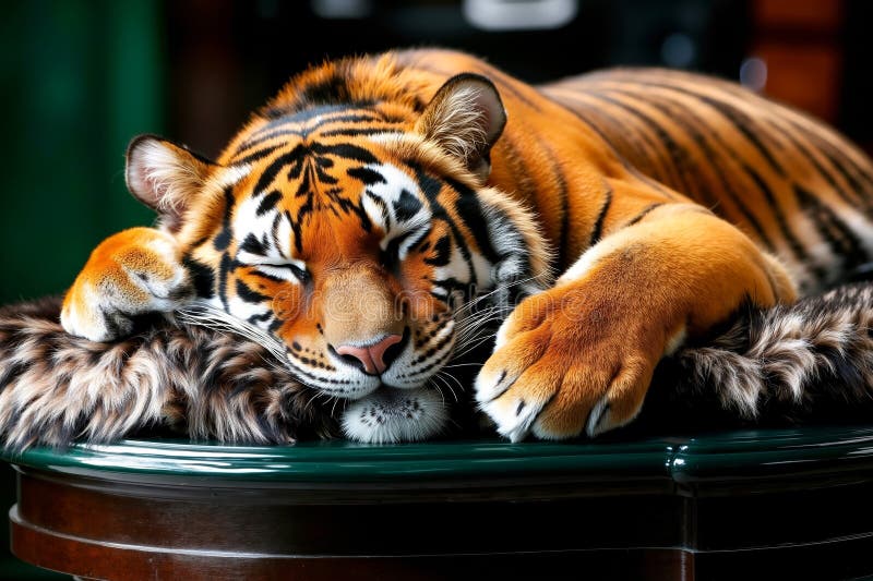 A Tiger Laying on Top of a Table with Its Eyes Closed Stock Image ...