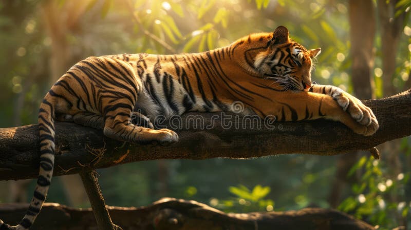 Tiger Sleeping on a Tree Branch in the Jungle. Wild Animal Resting ...