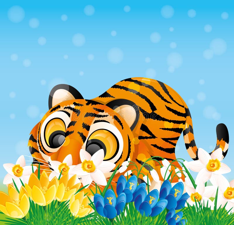 Tiger and spring flowers. stock vector. Illustration of holiday - 39721382
