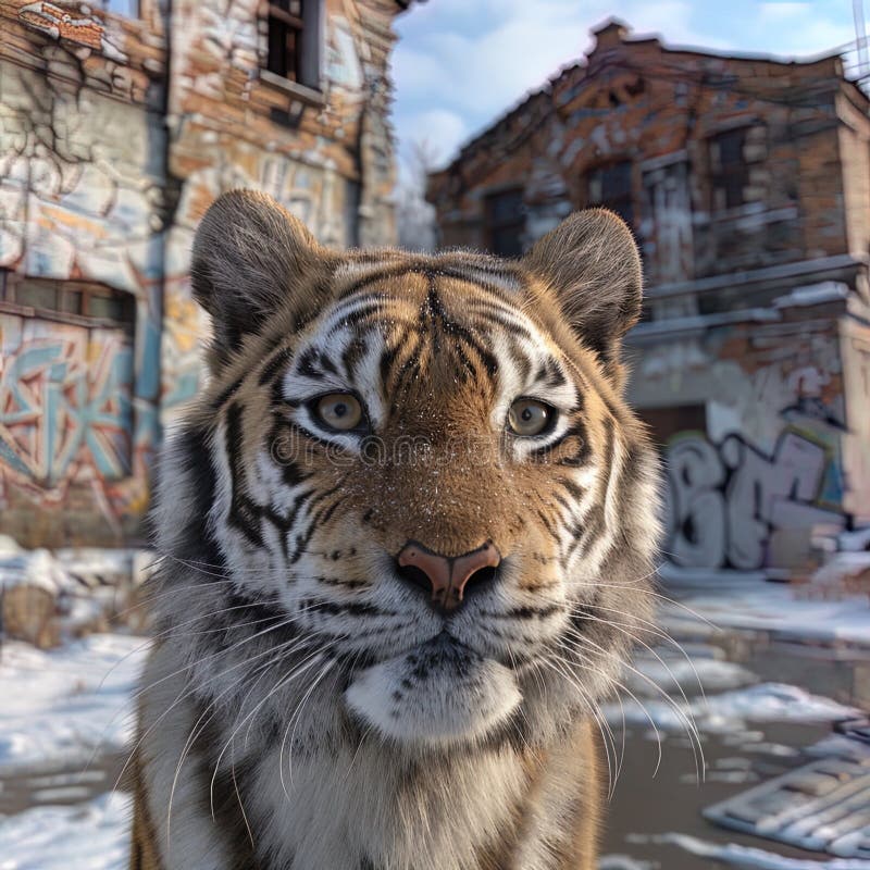 A Tiger is Standing in Front of a Graffiti-covered Building Stock Image ...
